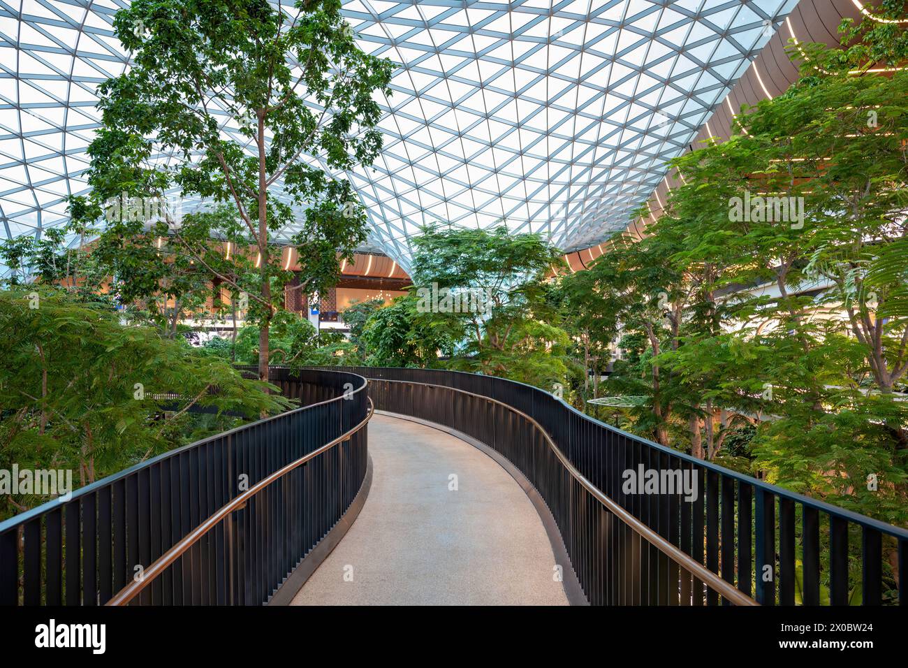 Massive glass dome and elevated walkway above indoor garden at the ...