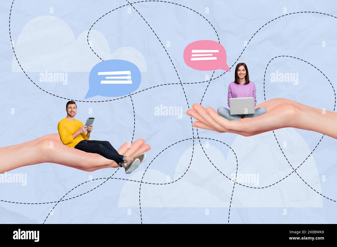 Creative picture collage young man woman laptop smartphone online ...