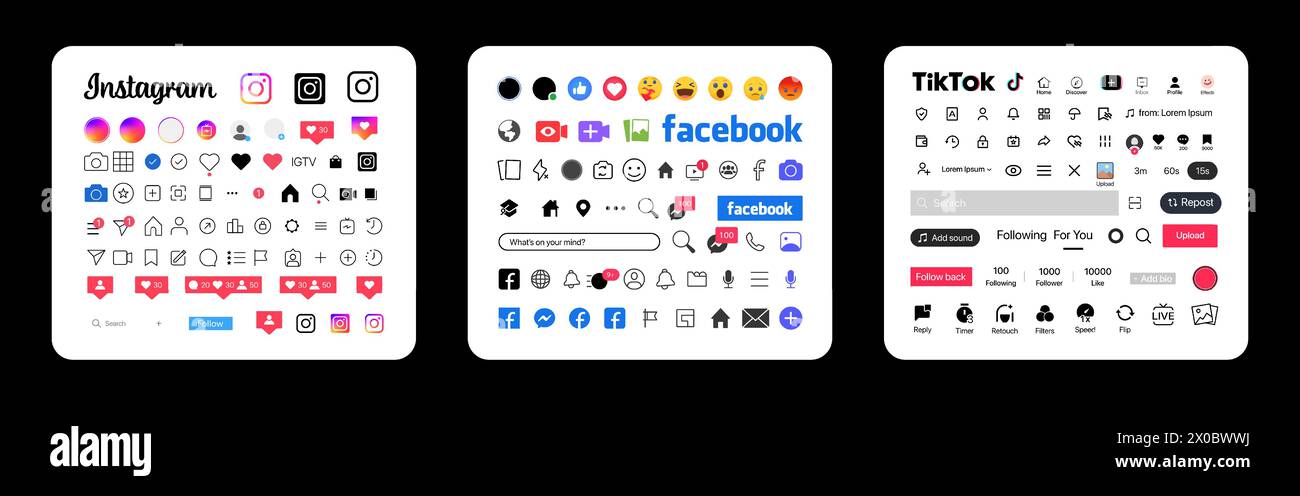 Instagram, Tik Tok, Facebook button icon. Set screen social media and ...