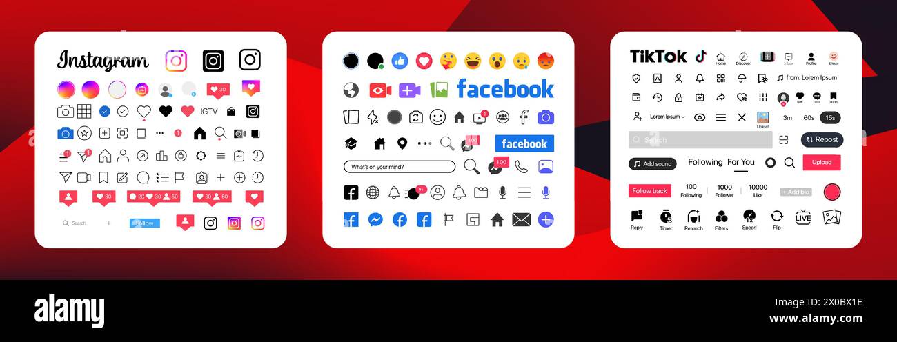 Instagram, Tik Tok, Facebook button icon. Set screen social media and ...