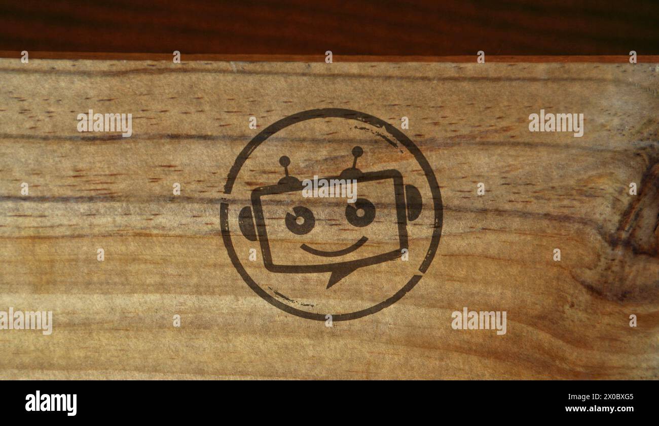 Chatbot ai bot stamp printed on wooden box. Artificial intelligence ...