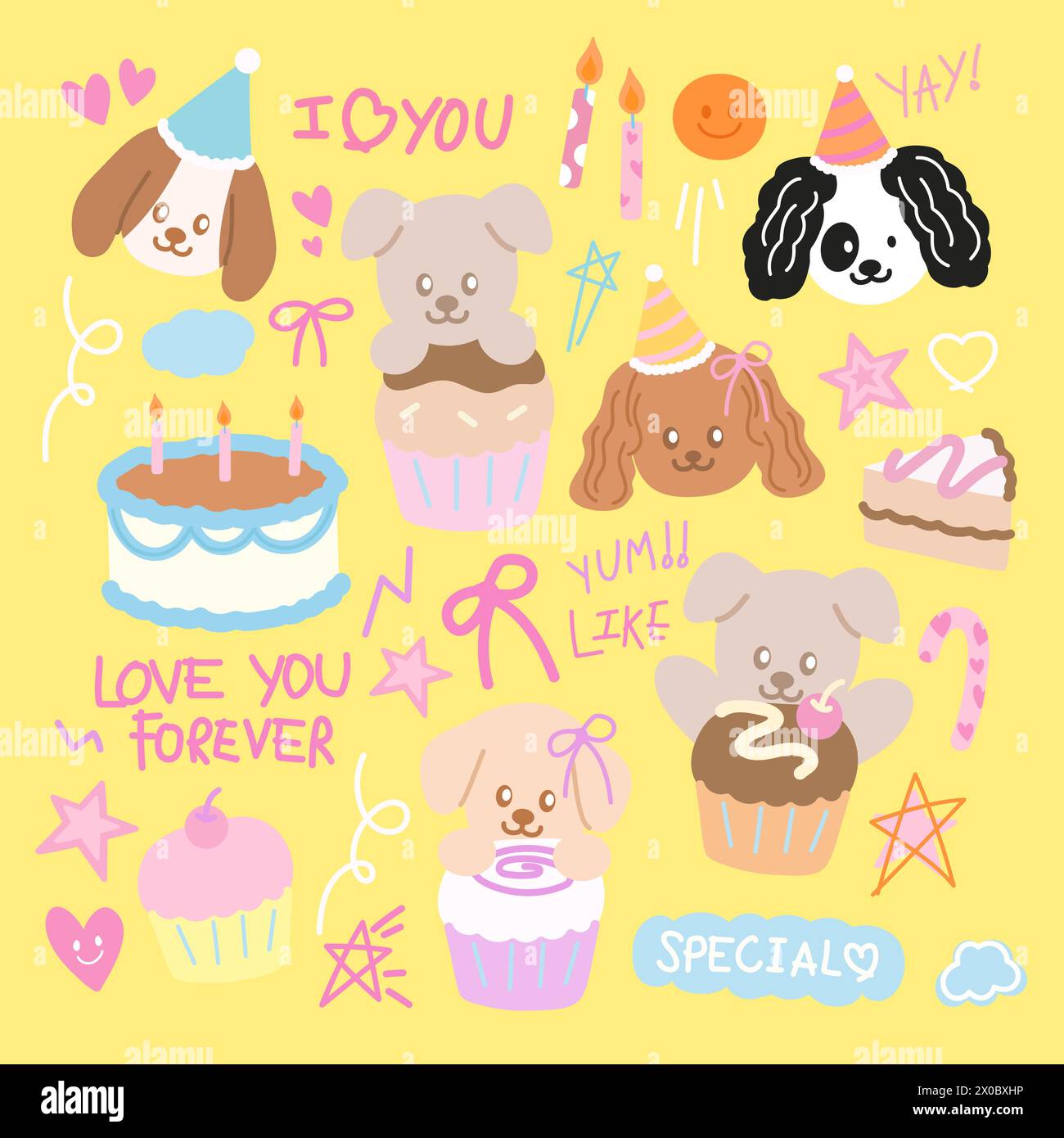 Illustrations of puppy and birthday party elements such as cake, party ...