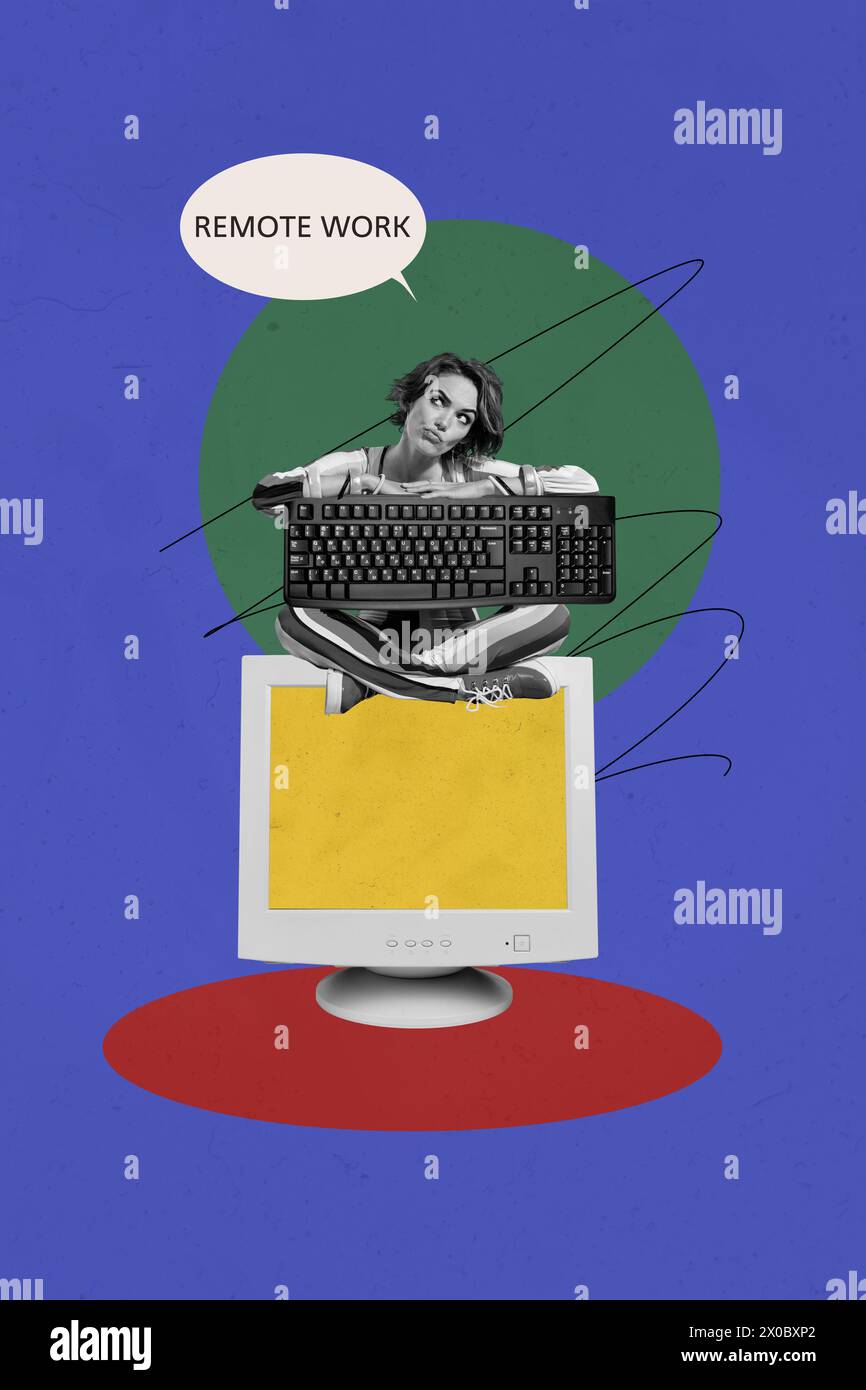 Vertical photo collage of serious girl sit remote keyboard tools ...
