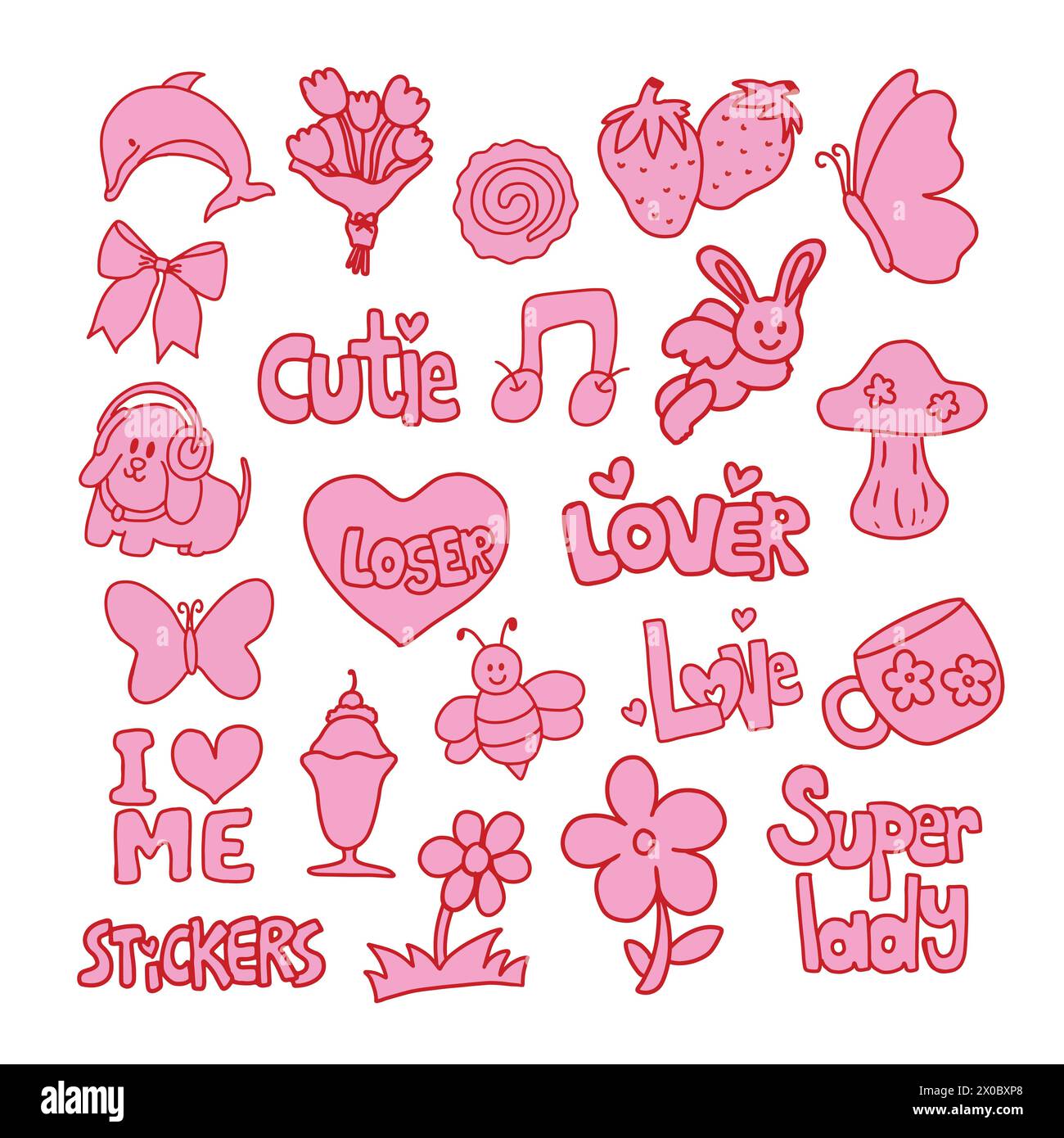 Hand drawn pink icons of dolphin, puppy, bunny, strawberry, ice cream ...