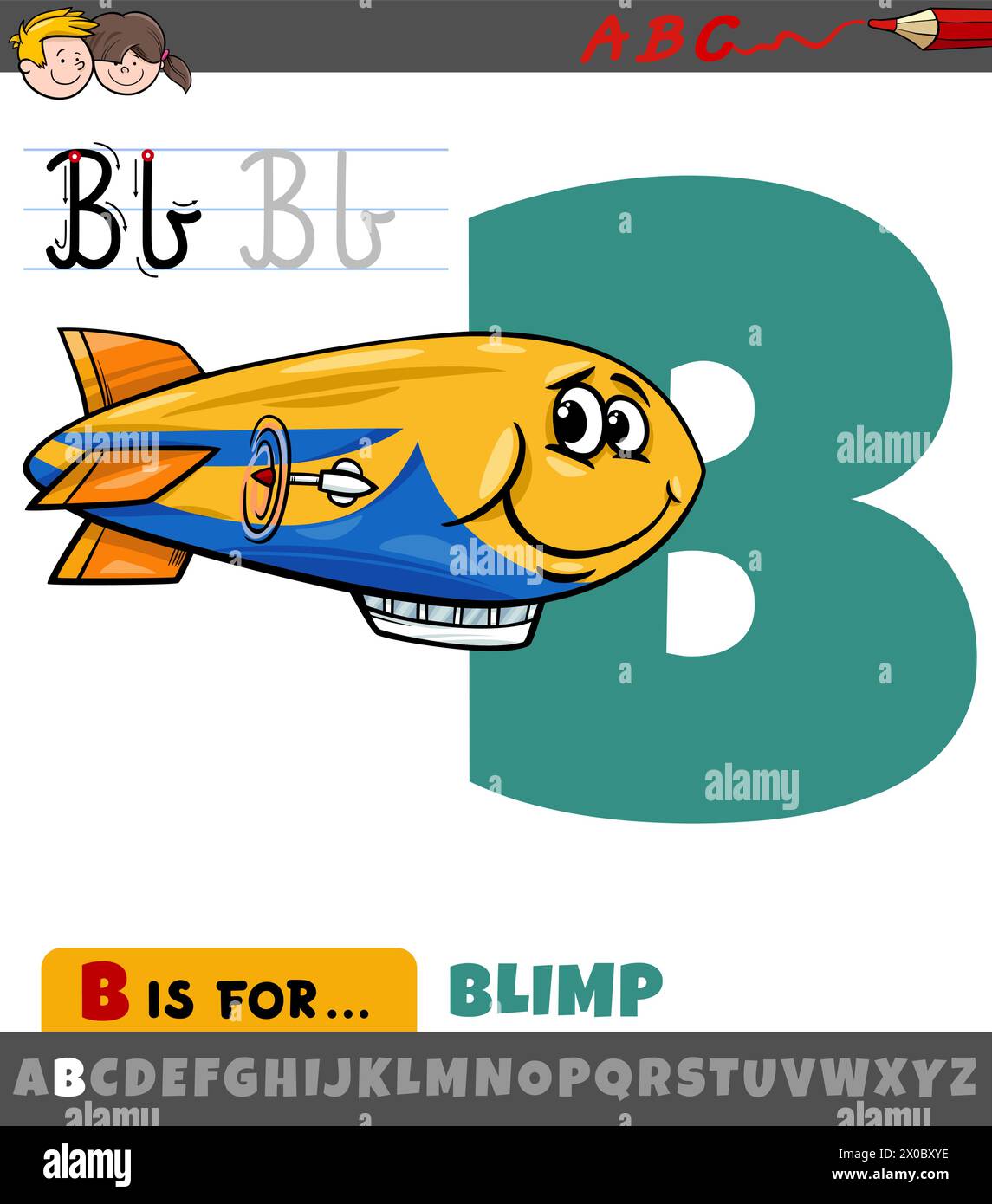 Educational cartoon illustration of letter B from alphabet with blimp ...