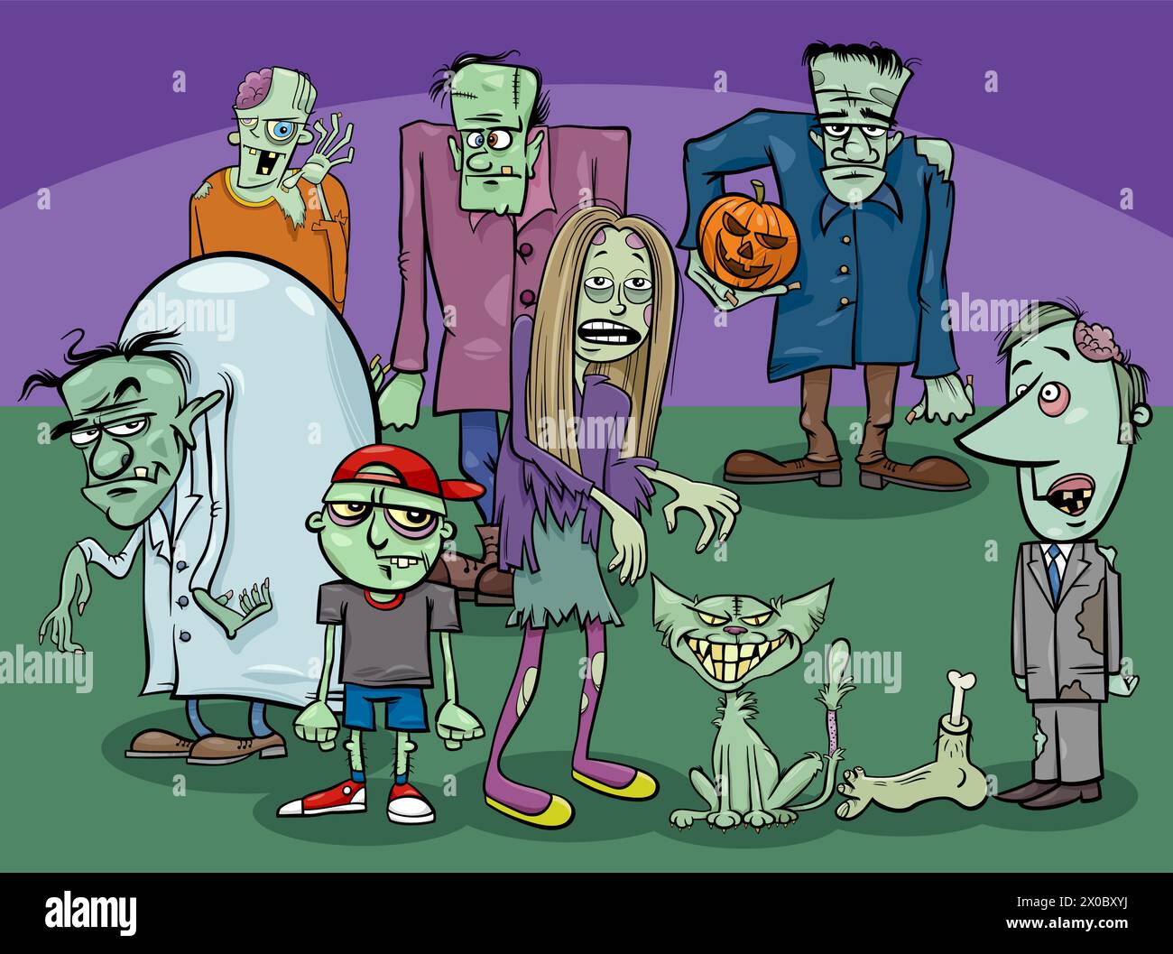 Cartoon illustration of zombies group or people in zombie costumes ...