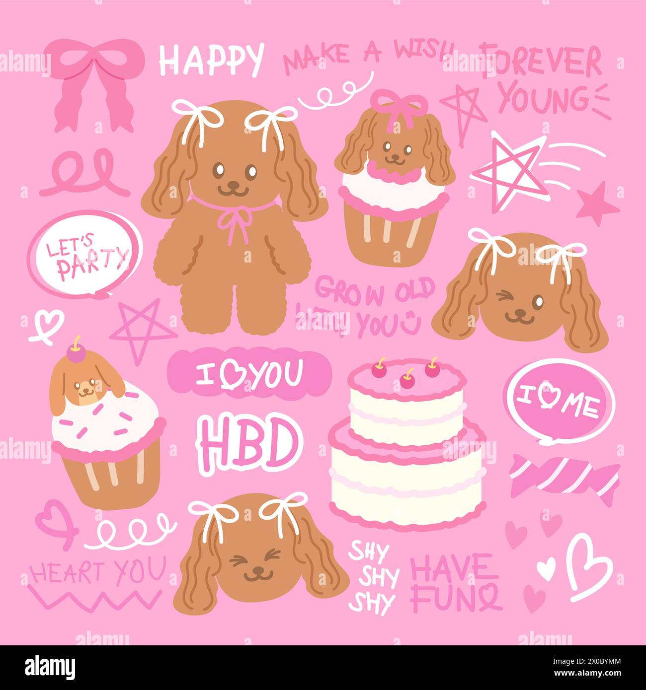 Illustrations of pastel puppy and birthday icons such as vanilla ...