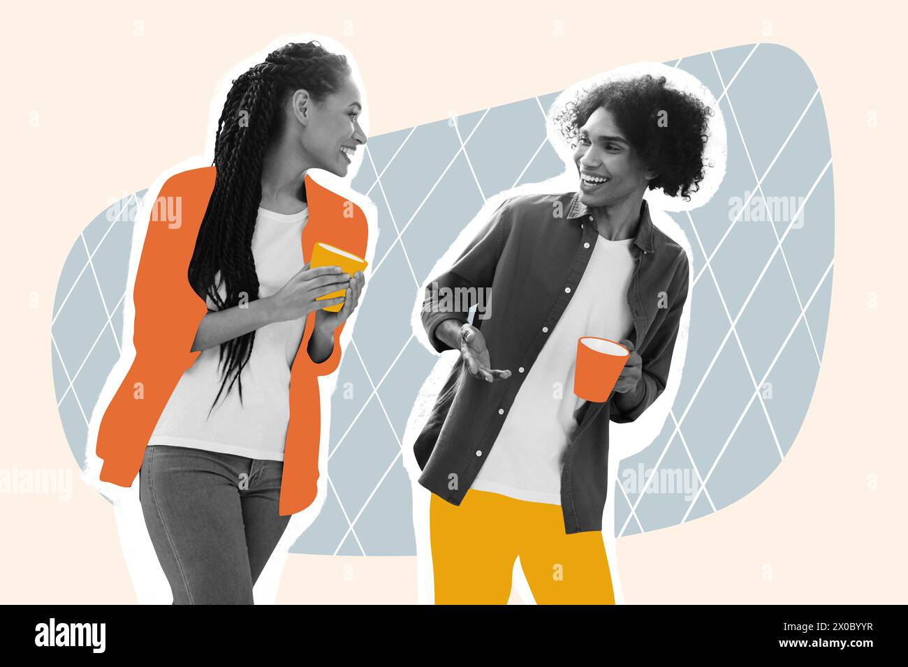 Creative trend collage of cute couple drink coffee dating spend time ...