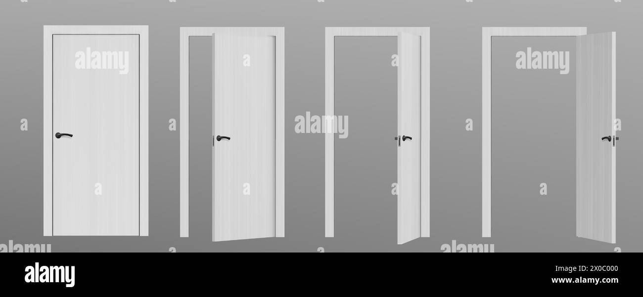 3d open and close white house or room door frame. Realistic ajar office ...