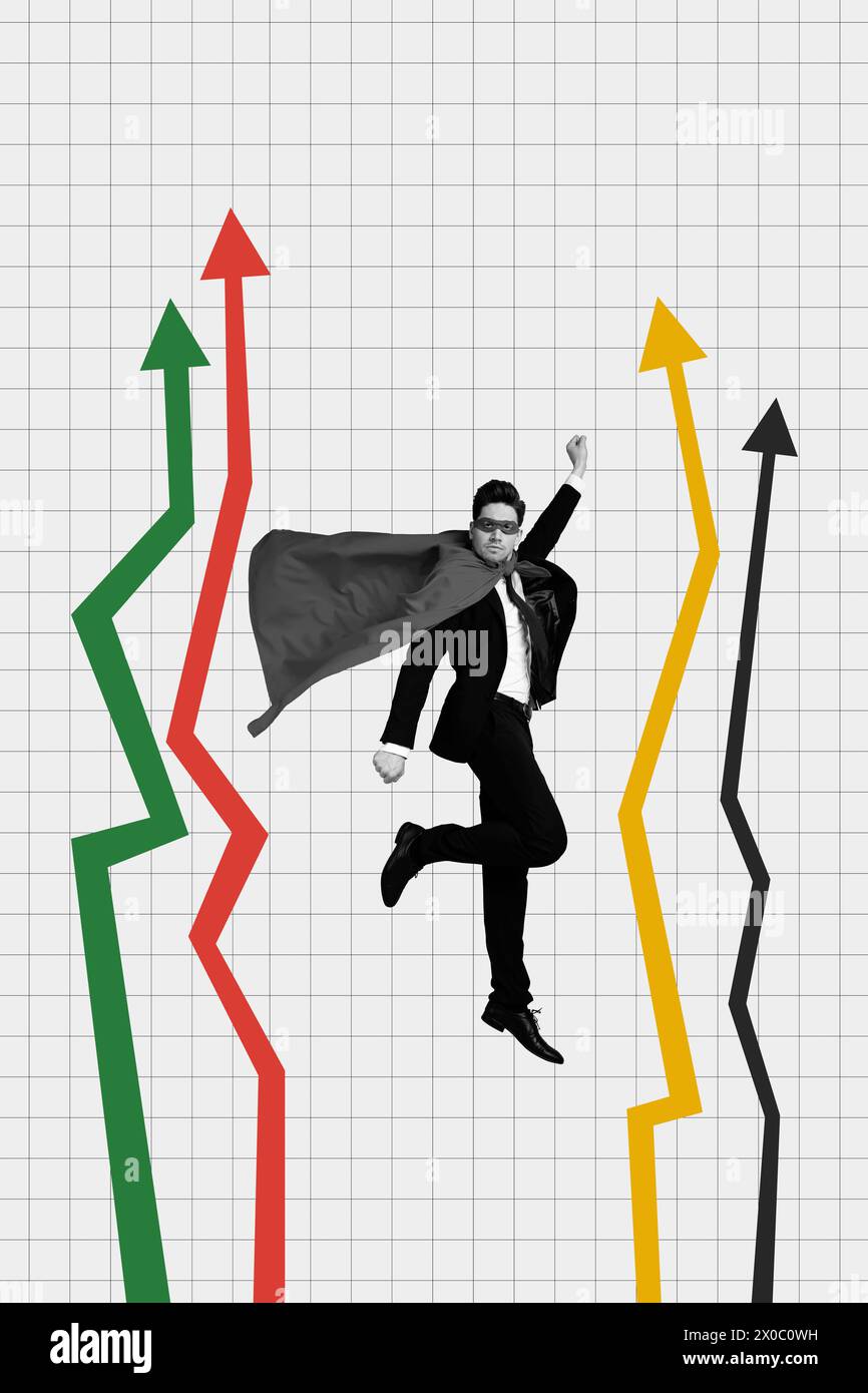 Creative vertical collage picture young man rising up flight superhero ...