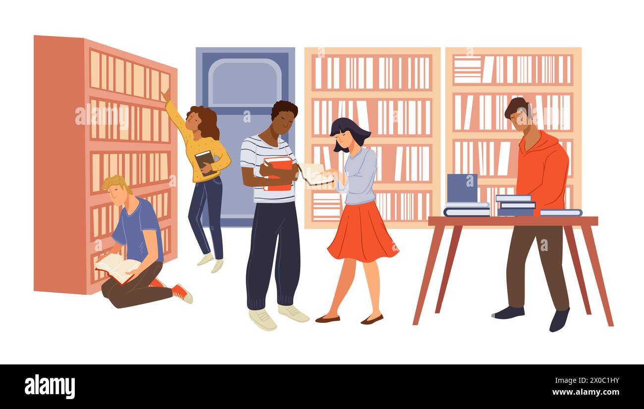 Students and adults reading books in library shop Stock Vector Image ...