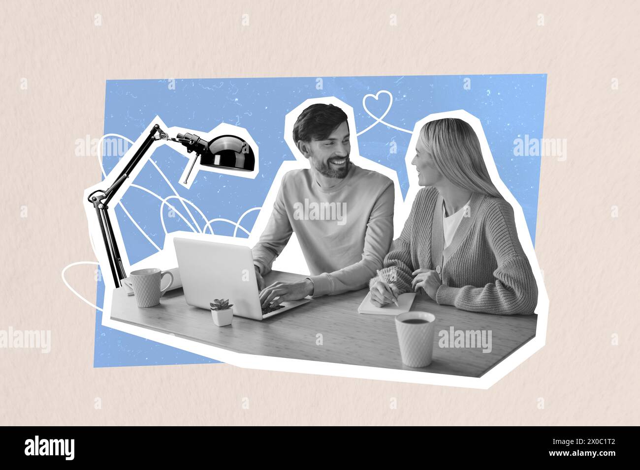 Creative trend collage of cute couple colleagues workers spend time ...