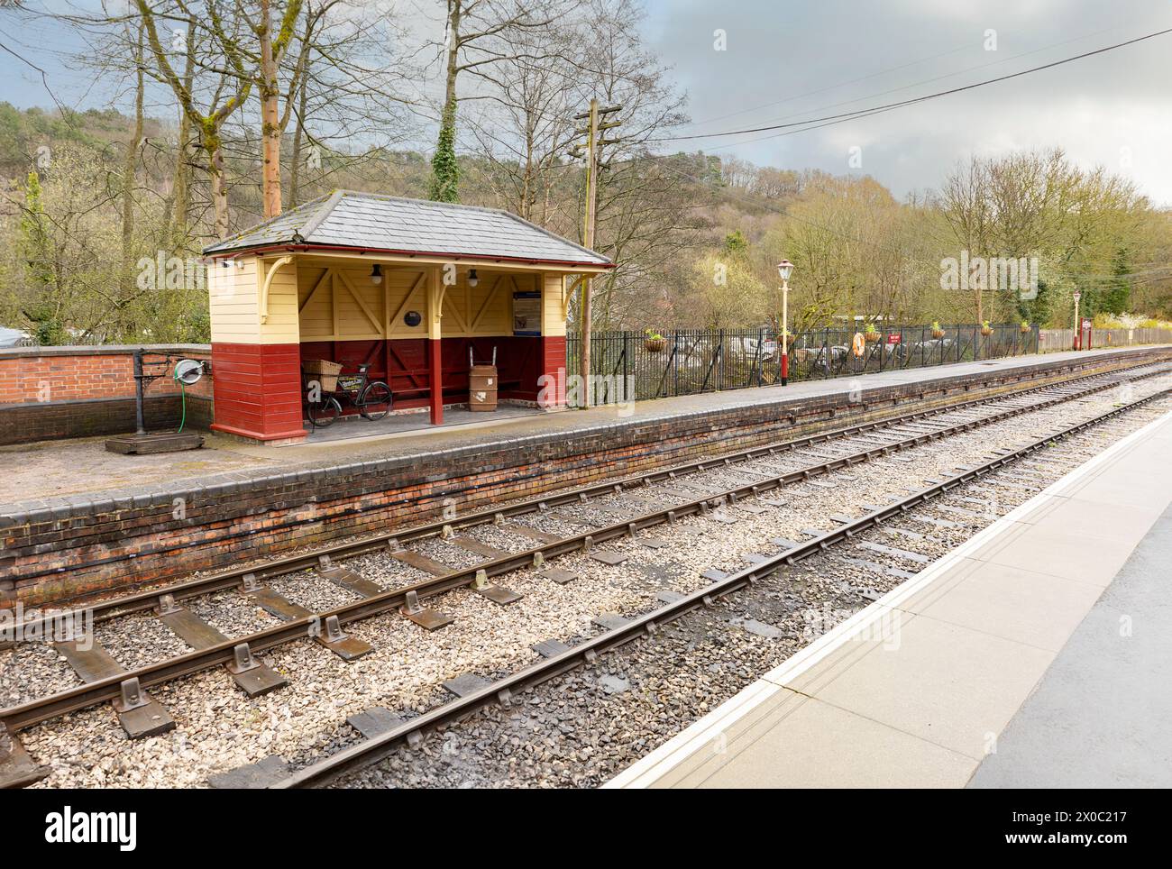 vintage country train station , platform, track, overcast day, no ...