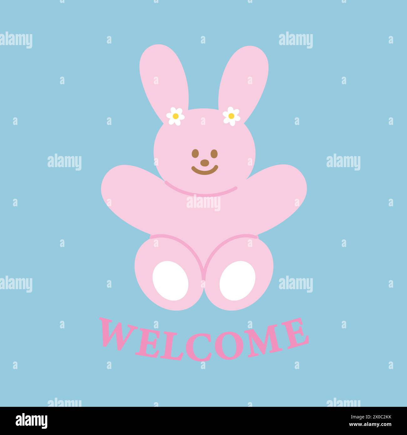 Illustration of pink bunny and WELCOME letters on a pastel blue ...