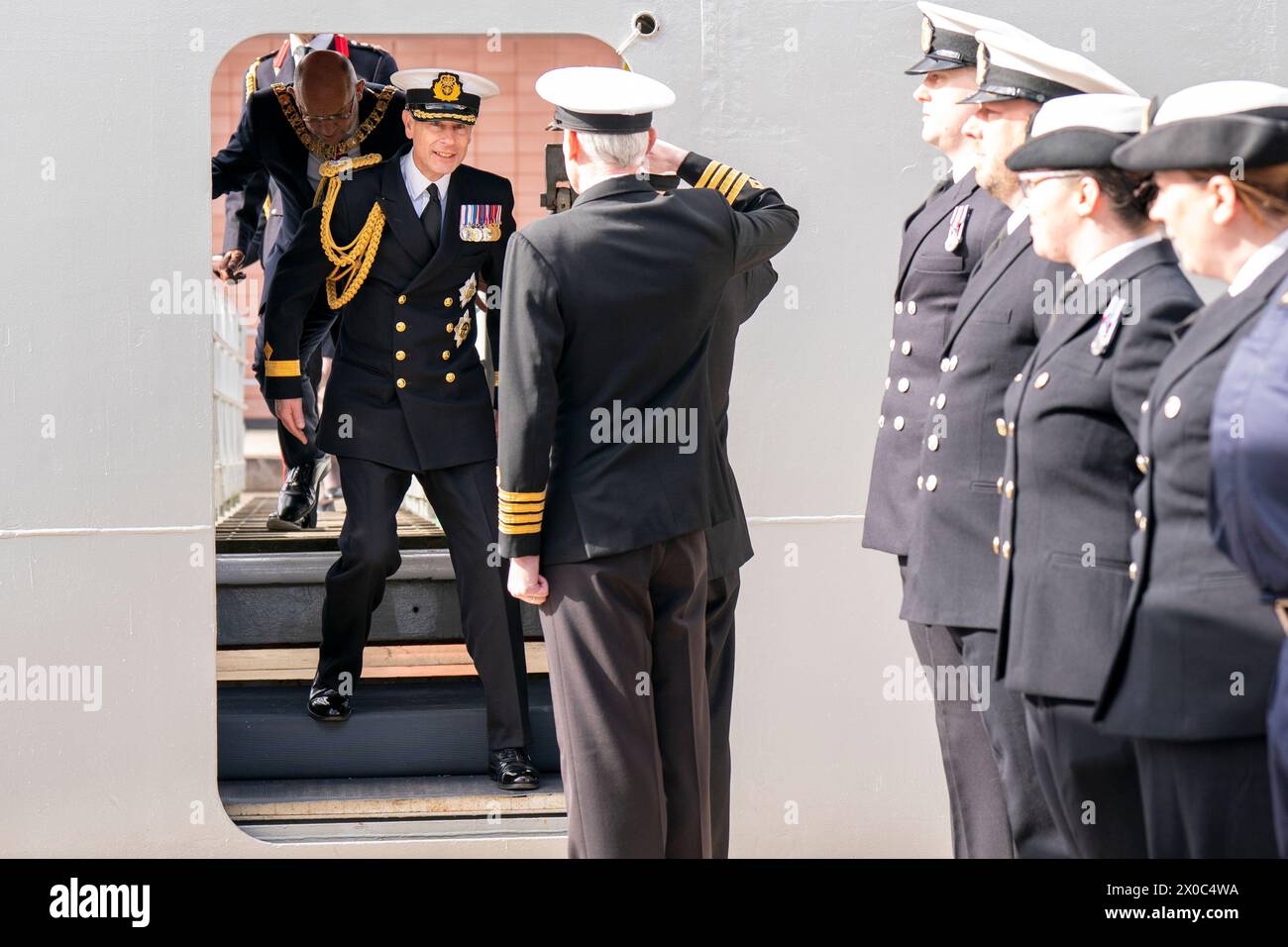 Prince Edward, the Duke of Edinburgh, boards the ship ahead of the ...
