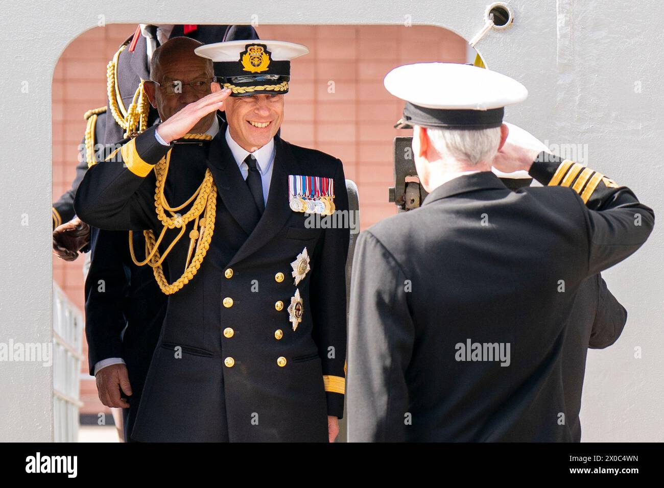 Prince Edward, the Duke of Edinburgh, takes the salute onboard ahead of ...