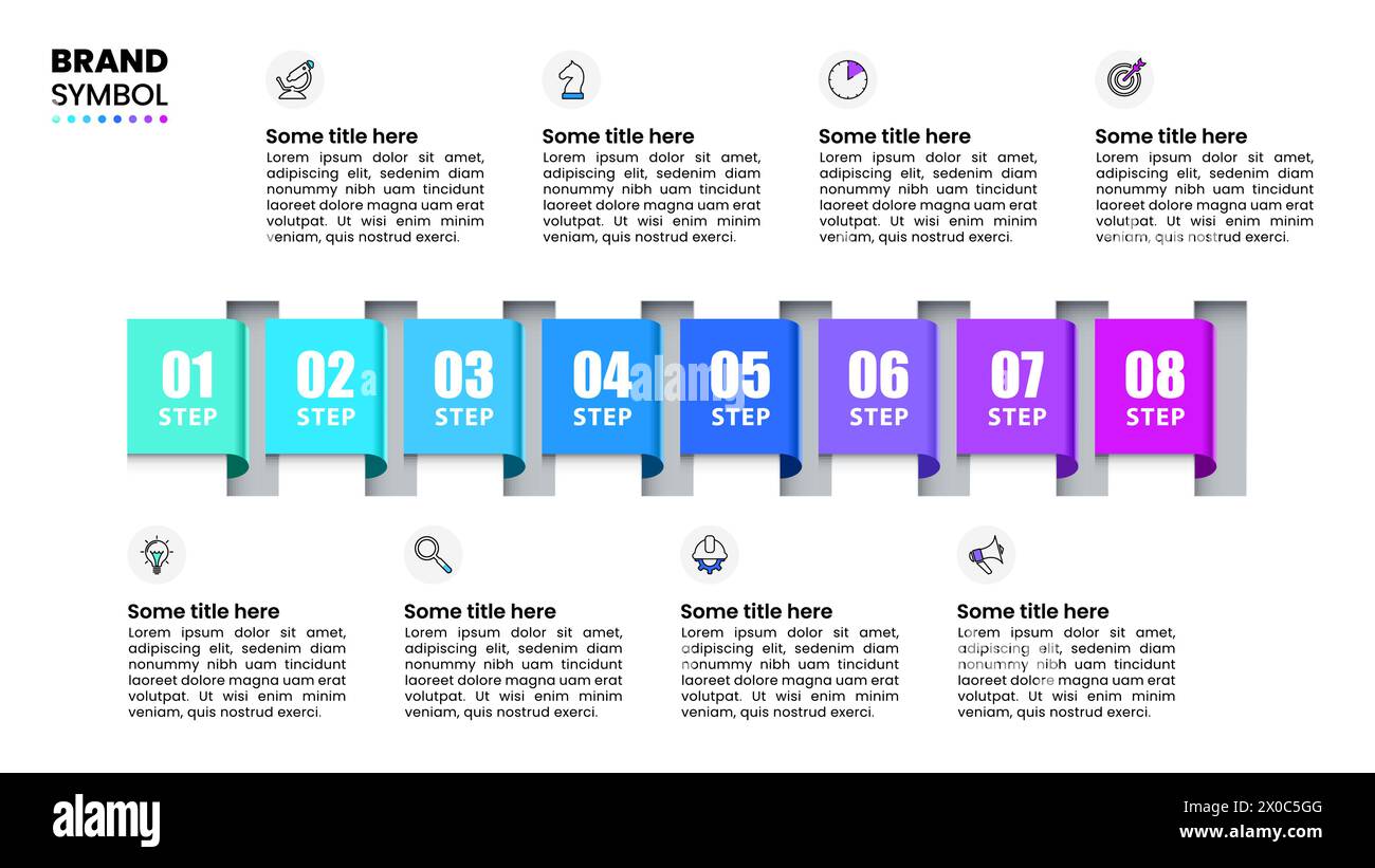 Infographic template with icons and 8 options or steps. Ribbon in a row ...