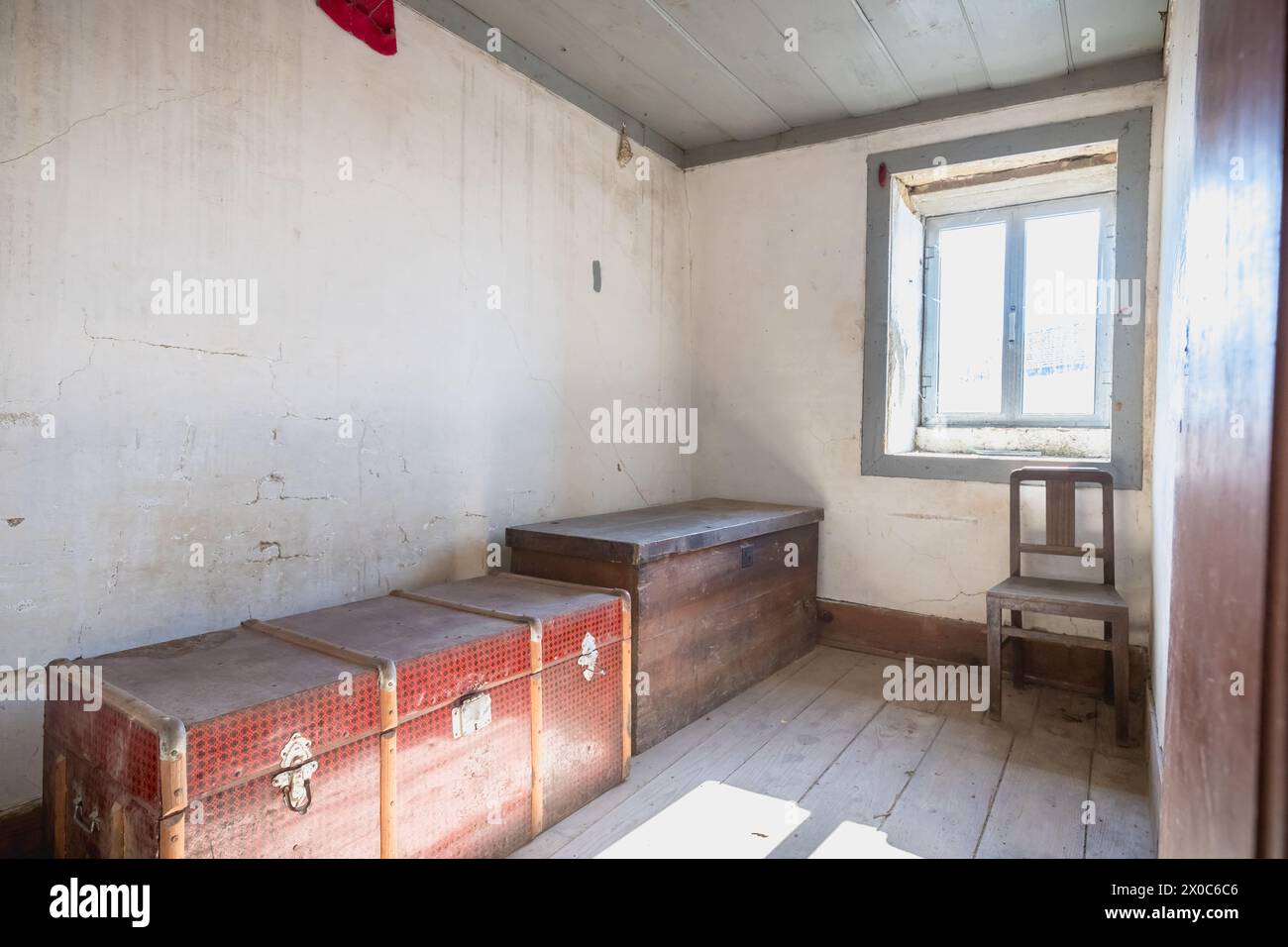 interior of an old abandoned stone house typical of northern portugal ...