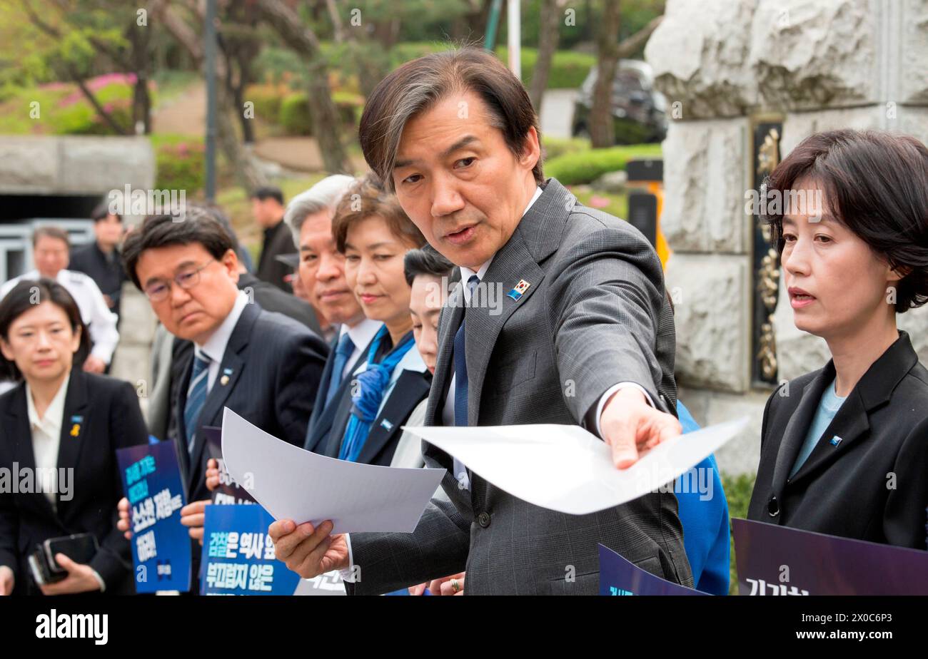 Cho Kuk, April 11, 2024 : Leader of the Rebuilding Korea Party, Cho Kuk (2nd R) and lawmakers ...