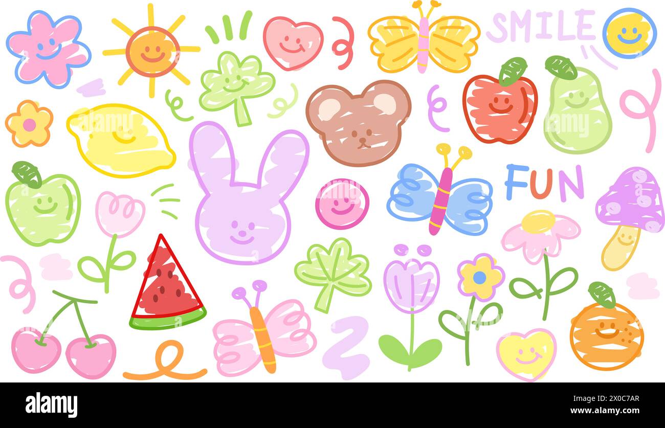 Cute illustrations of bunny, teddy bear, butterfly, flowers, cherry ...