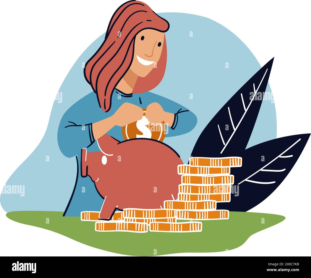 Woman putting coin piggy bank Stock Vector Images - Alamy