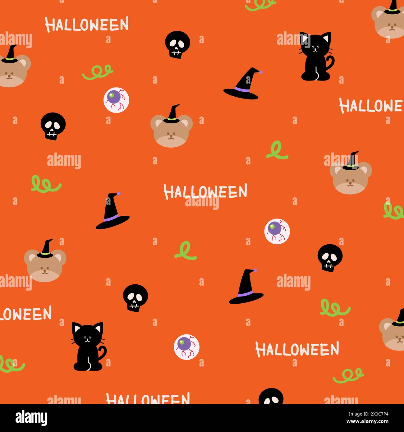 Illustration of black cat, teddy bear, witch hat, head skull on orange ...