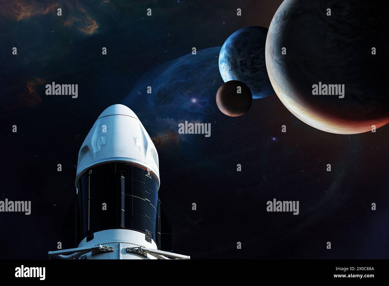 Cargo spacecraft with alien planets in deep space. Elements of this ...