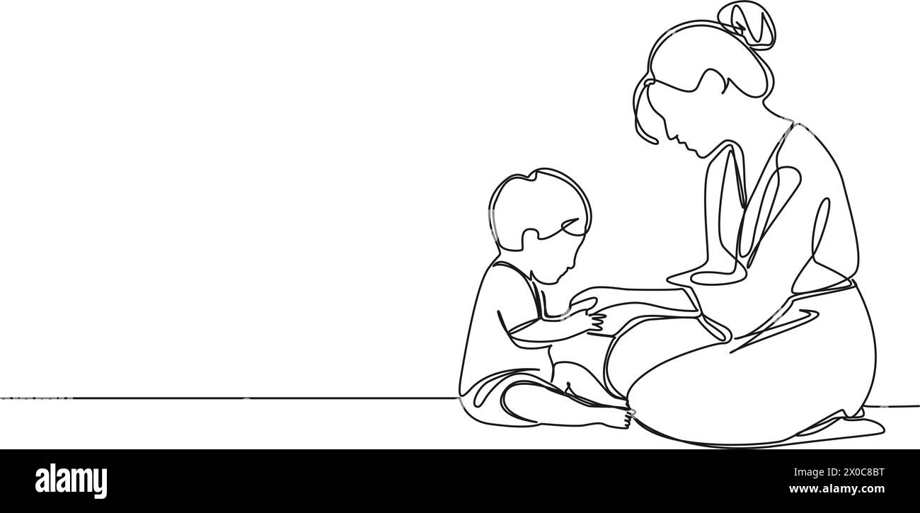 continuous single line drawing of mother an toddler playing on floor ...