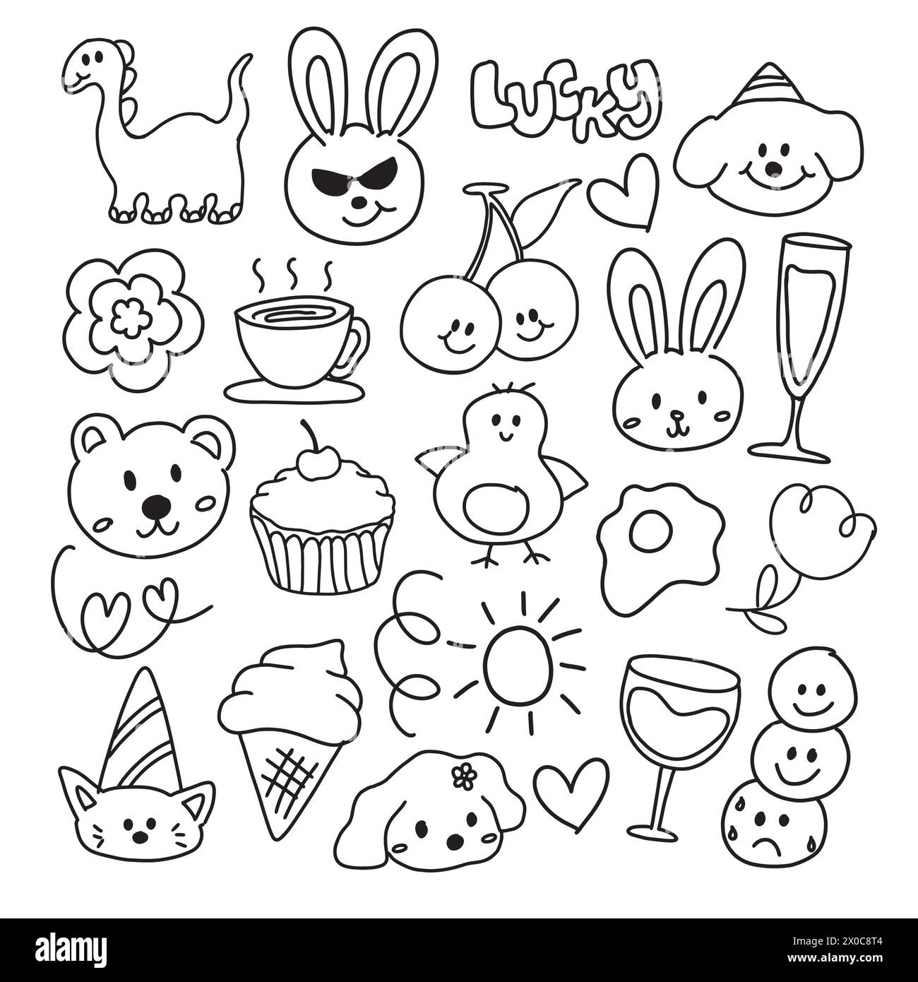 Hand drawn cute outlines of dinosaur, rabbit, puppy, cherry, flowers ... Hand drawn cute outlines of dinosaur, rabbit, puppy, cherry, flowers ...