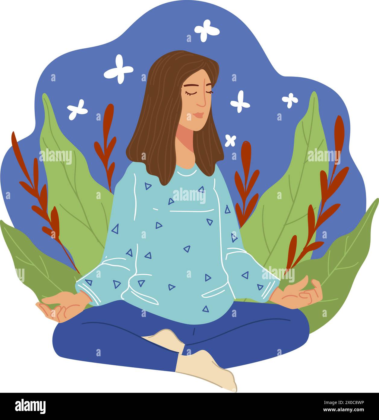 Meditating woman sitting on grass with leaves Stock Vector Image & Art ...