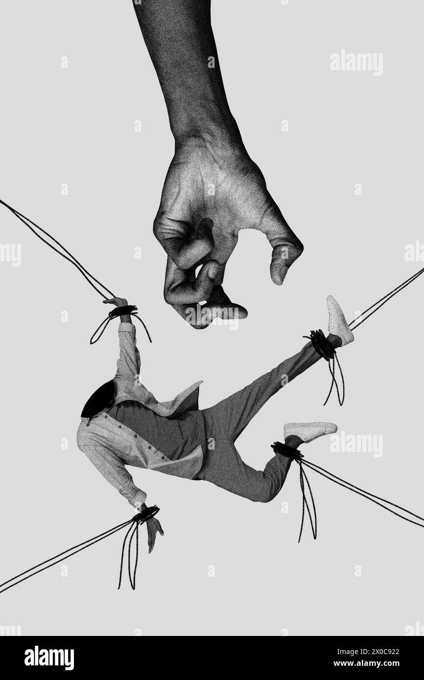 Vertical Photo Collage Of Headless Man Hands Legs Tied String Zombie Hand Gesture Grab Victim