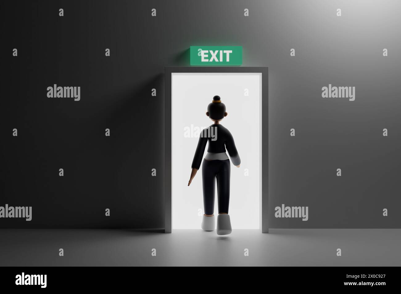 Female cartoon character walking out of a room having green exit sign ...