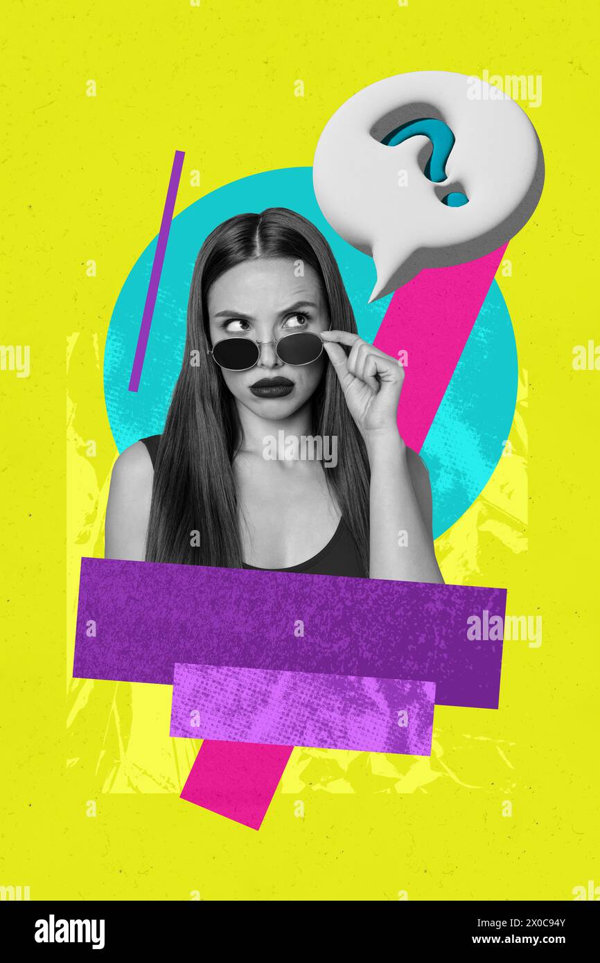 Vertical photo collage of serious pretty young girl watch text box ...