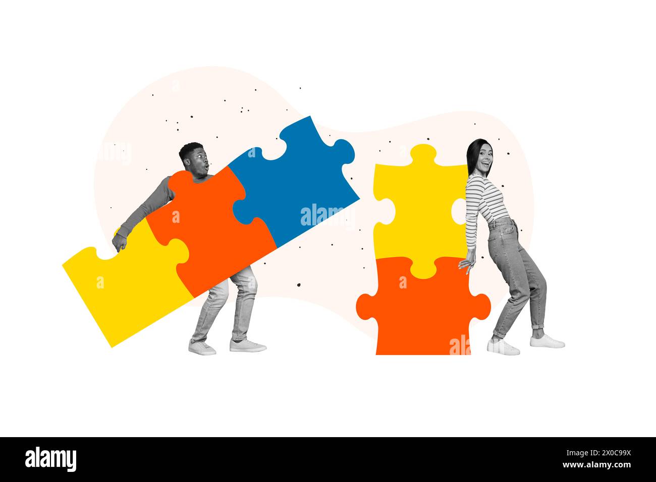 Creative collage picture young two colleagues complete puzzle game ...