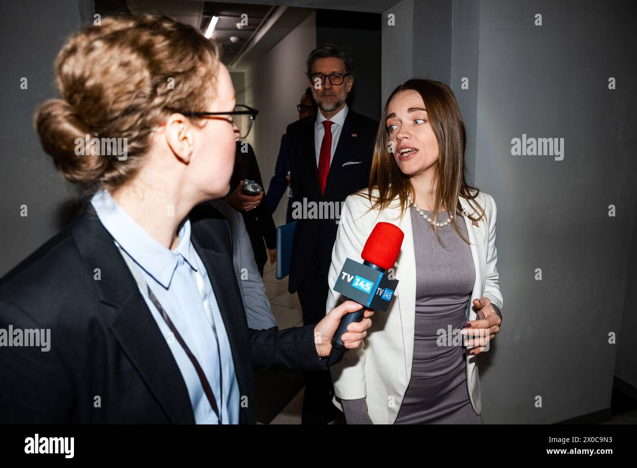Confident female US politician answers press questions and gives ...