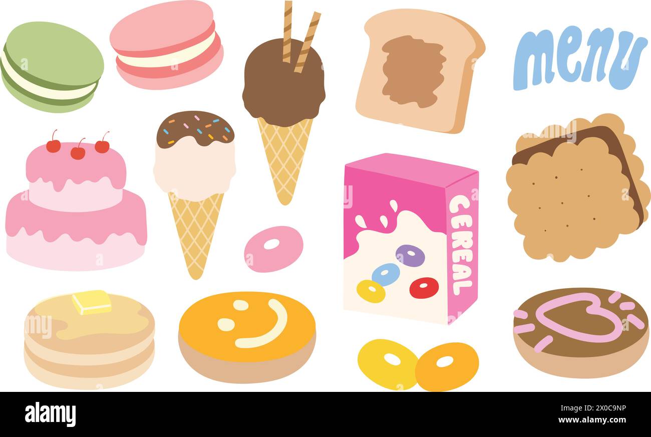 Hand drawn snacks and sweet desserts of birthday cake, macaron, donuts, chocolate biscuit ...