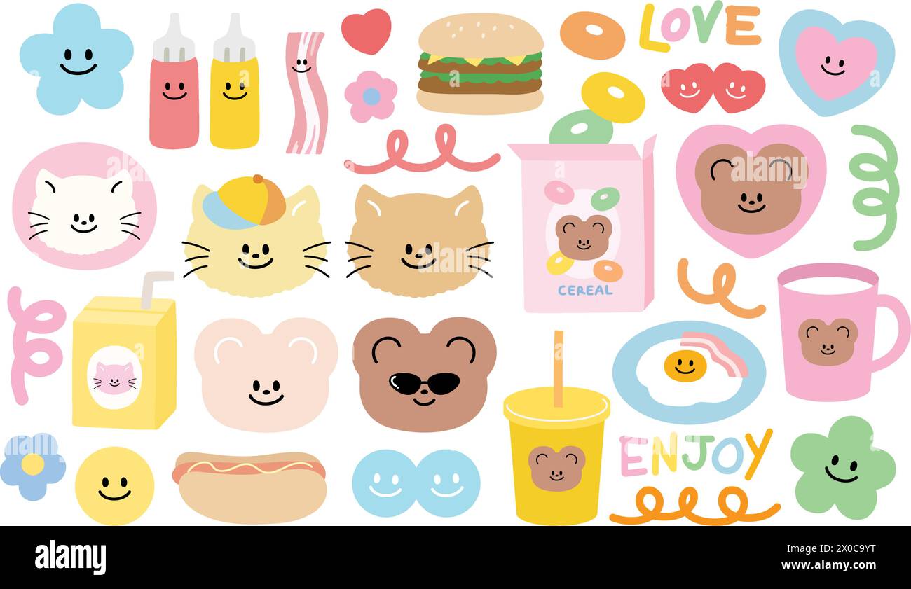Cute illustrations of teddy bear, cat, burger, cereal, hot dog, fried ...