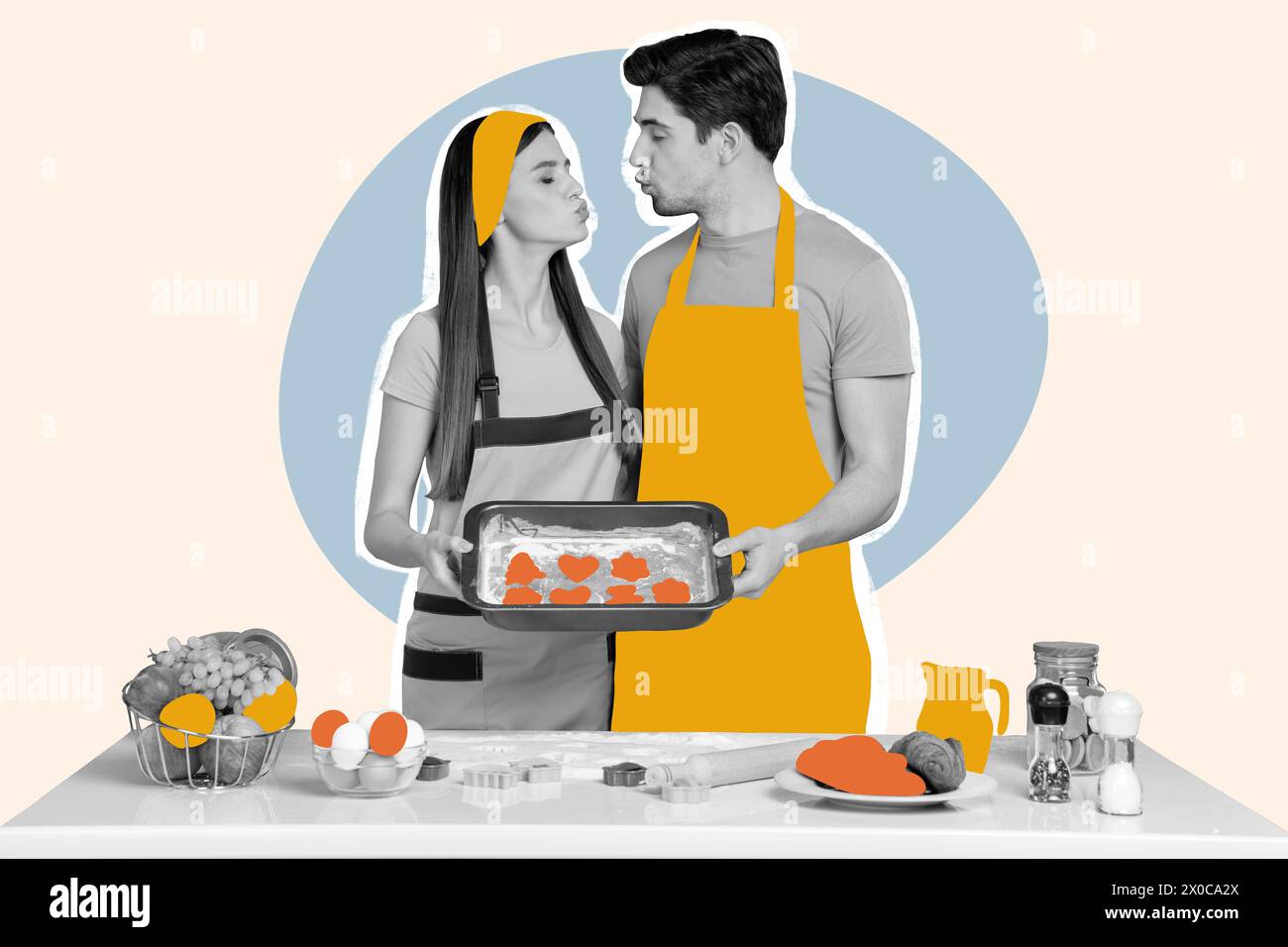 Creative trend collage of cute couple cooking together have fun baking ...