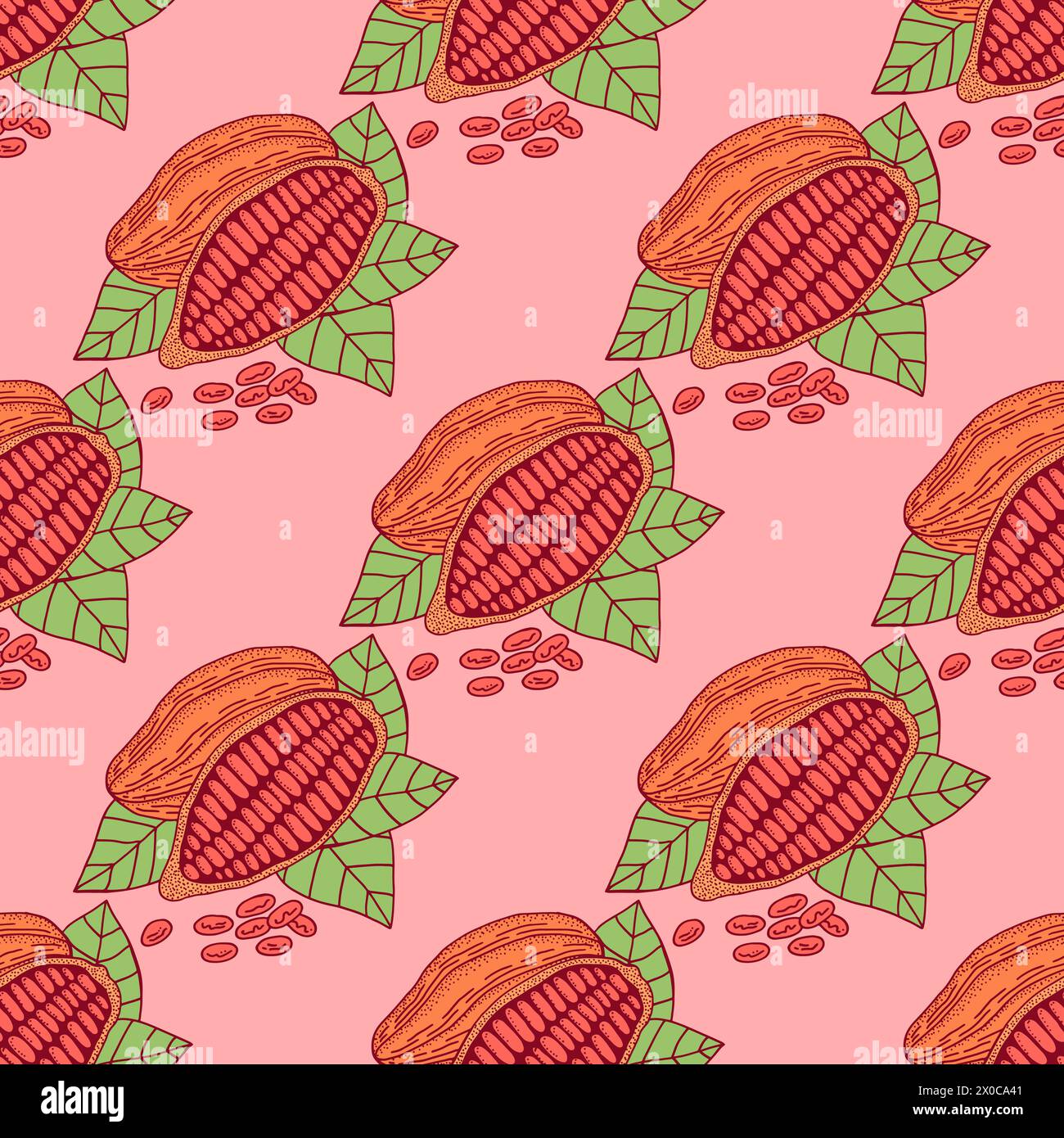 Cocoa beans - colorful seamless pattern. Hand drawn bright backdrop ...