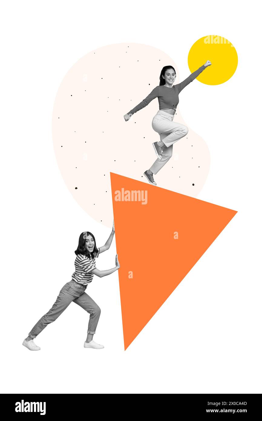 Creative vertical collage picture young two girls persistence concept ...