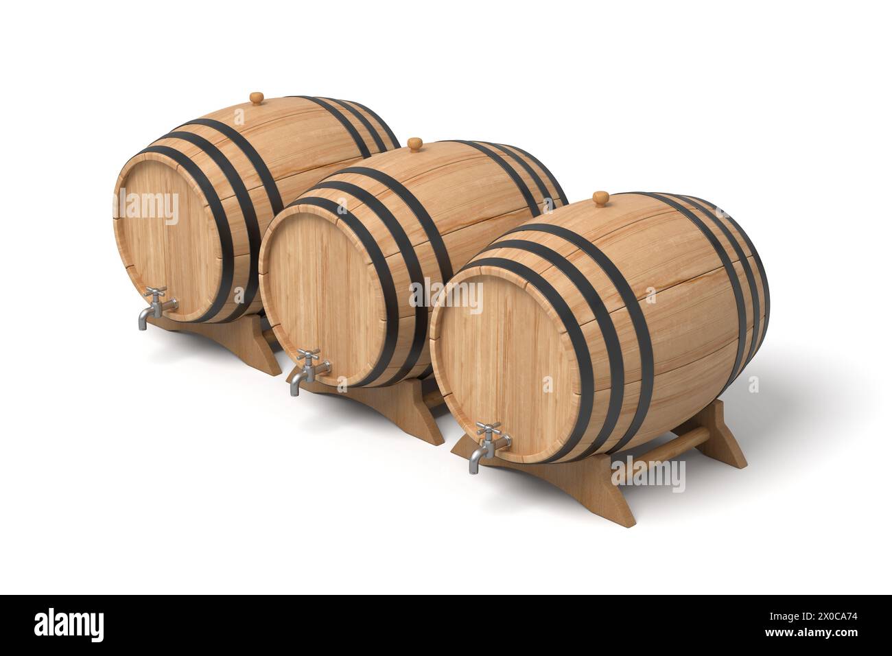 Three wooden barrels on stands isolated on white Stock Photo - Alamy