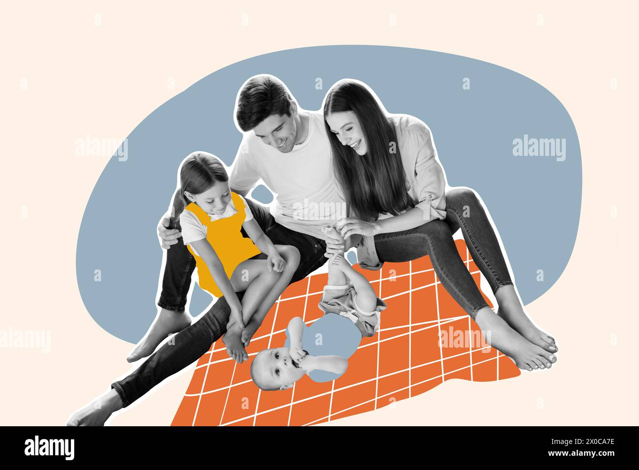 Creative trend collage of cute family play newborn little daughter ...