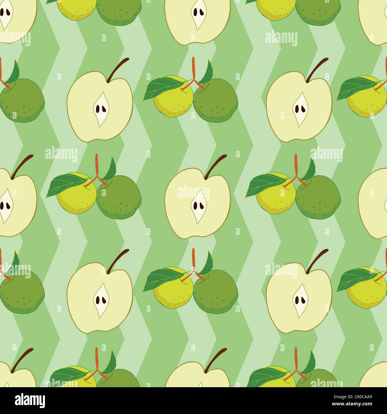 Seamless apple pattern on green chevron background illustration Stock ...