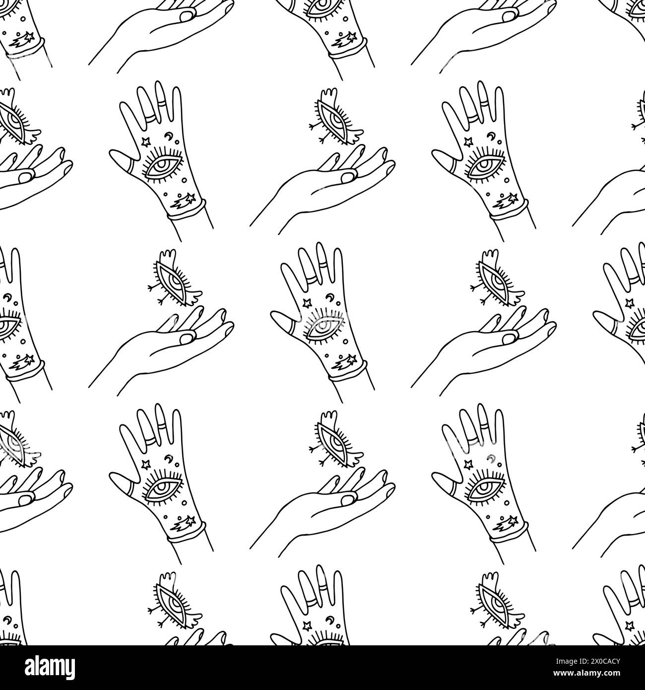 Alchemy hands and eyes seamless pattern. Doodle line art background ...