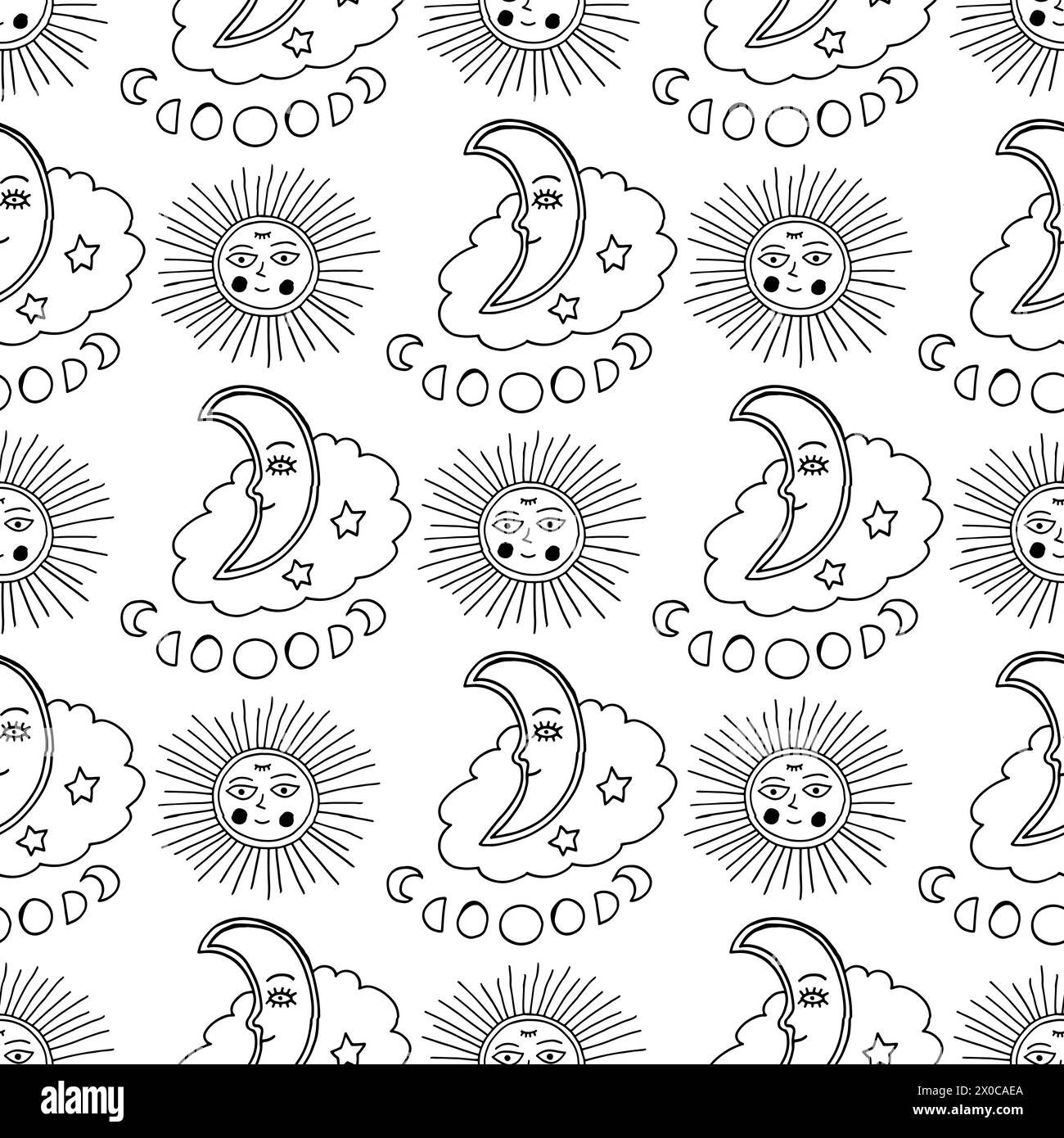 Alchemy sun and moon phases seamless pattern. Doodle line art ...