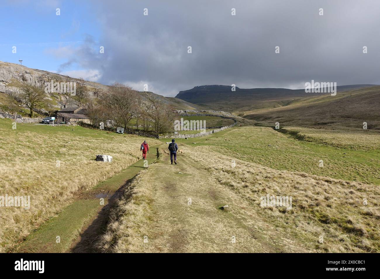 Two Men (Hikers) Walking on Fell Lane from Ingleton to Crina Bottom ...