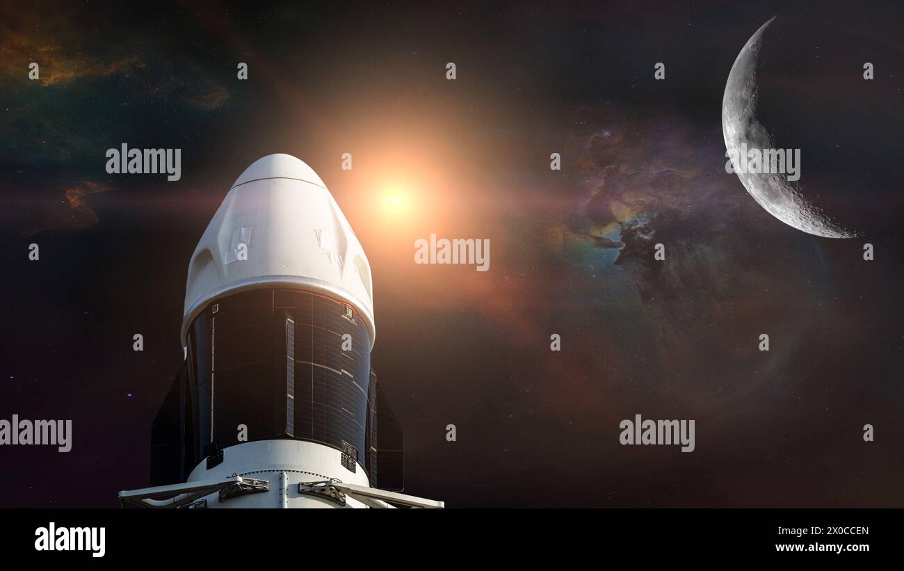 Cargo spacecraft with Moon in outer space. Elements of this image ...