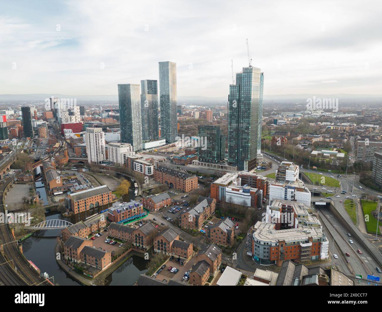 Aerial / drone photography of Castlefield with the wider Manchester ...