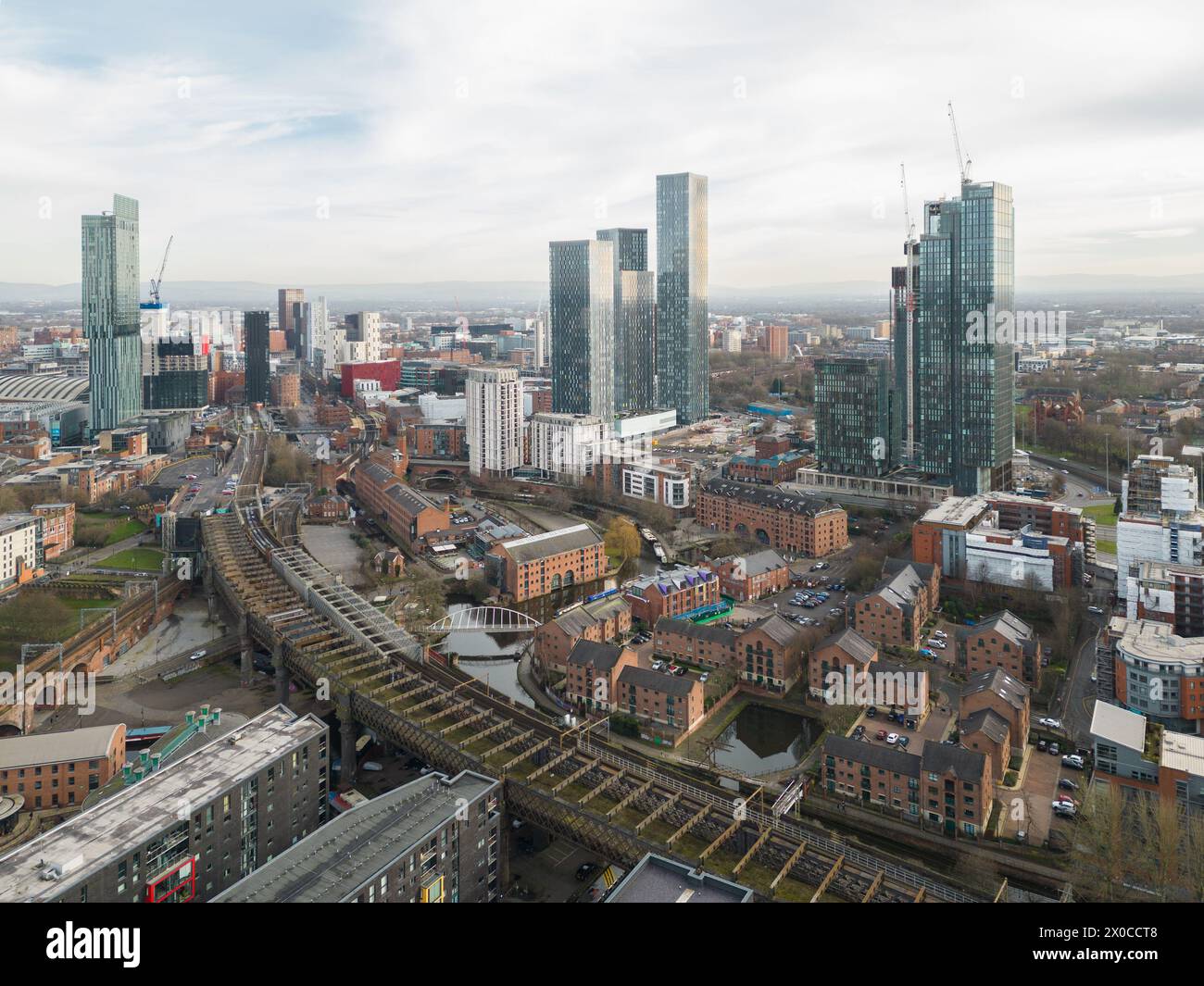 Aerial / drone photography of Manchester city centre with Castlefield ...