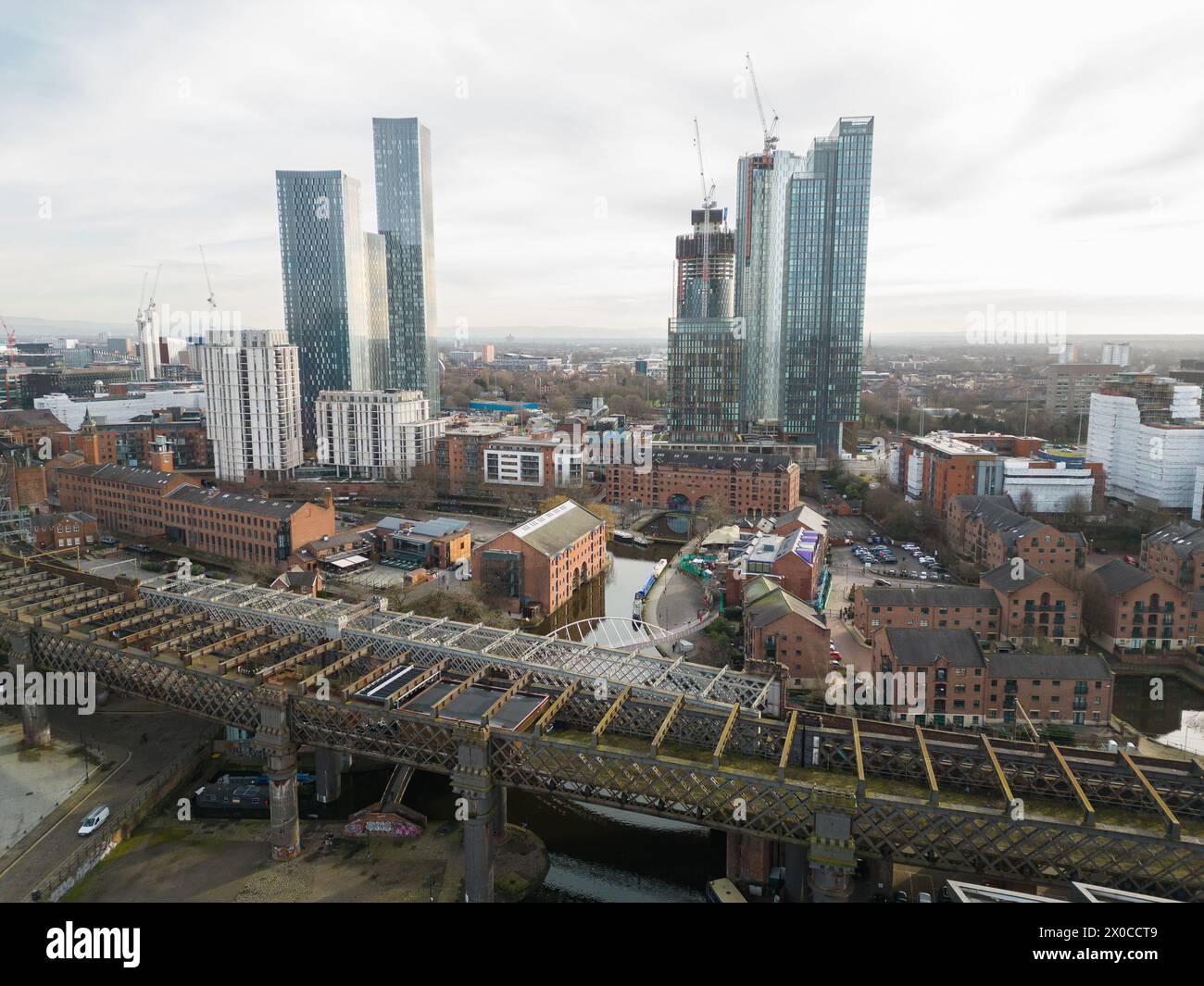 Aerial / drone photography of Manchester city centre with Castlefield ...